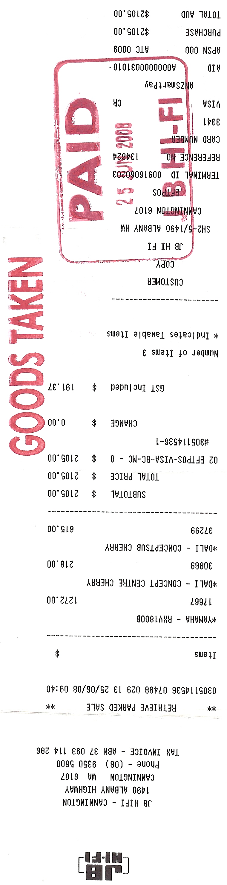 Receipt: Yamaha Rxv1800b - Jb Hifi $1280 - Home Cinema General ...