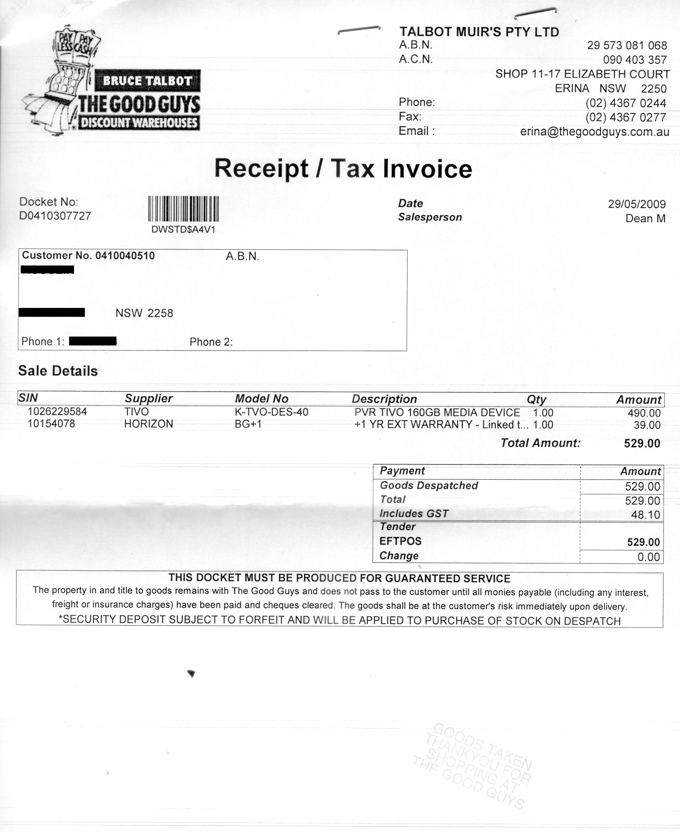 Tivo For $490 Receipt From The Good Guys |﻿ Home Cinema General Discussion