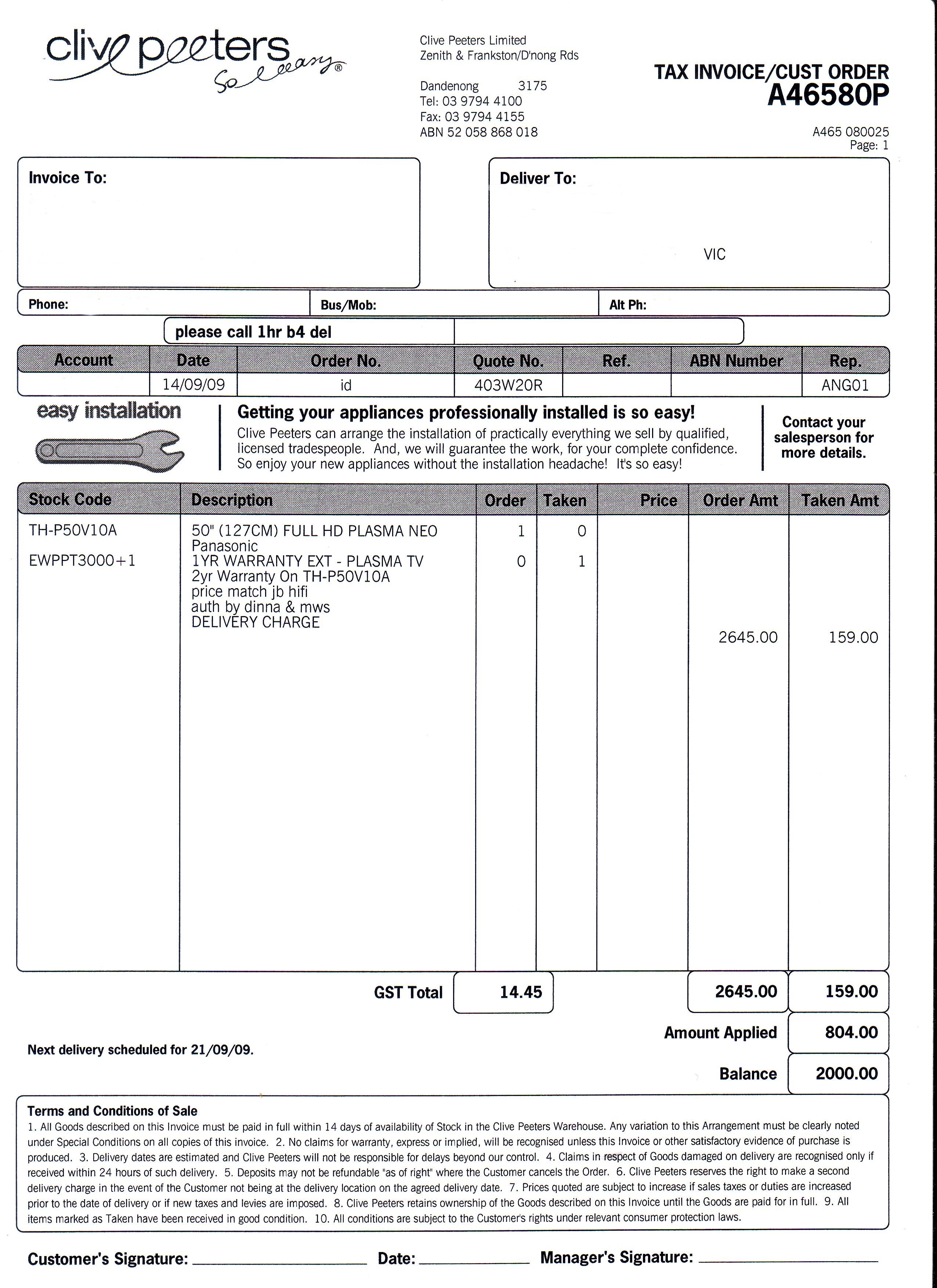 Panasonic Th-p50v10a Invoice |﻿ Home Cinema General Discussion