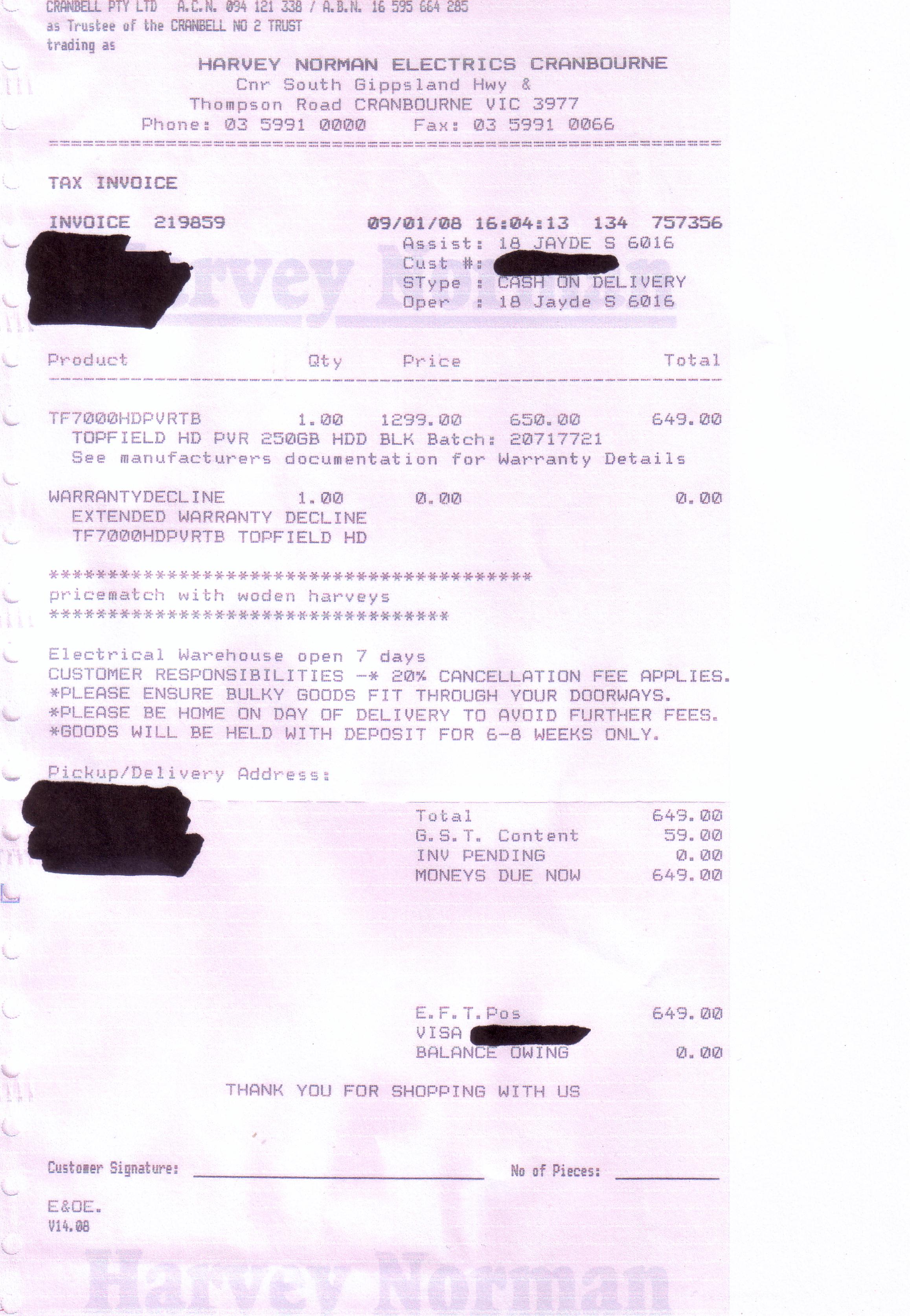 Tf7000hdpvrt $649 Receipt - Home Cinema General Discussion - StereoNET