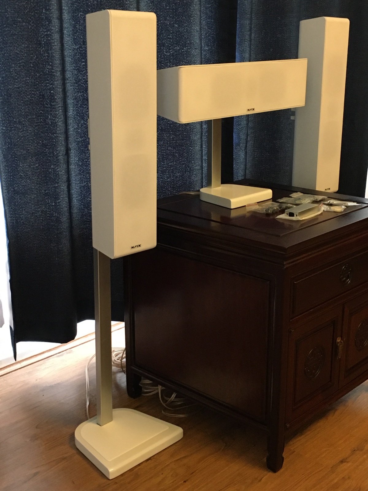 Krix Tryptix x 3 (left, right and center). Speakers include wall mounts ...