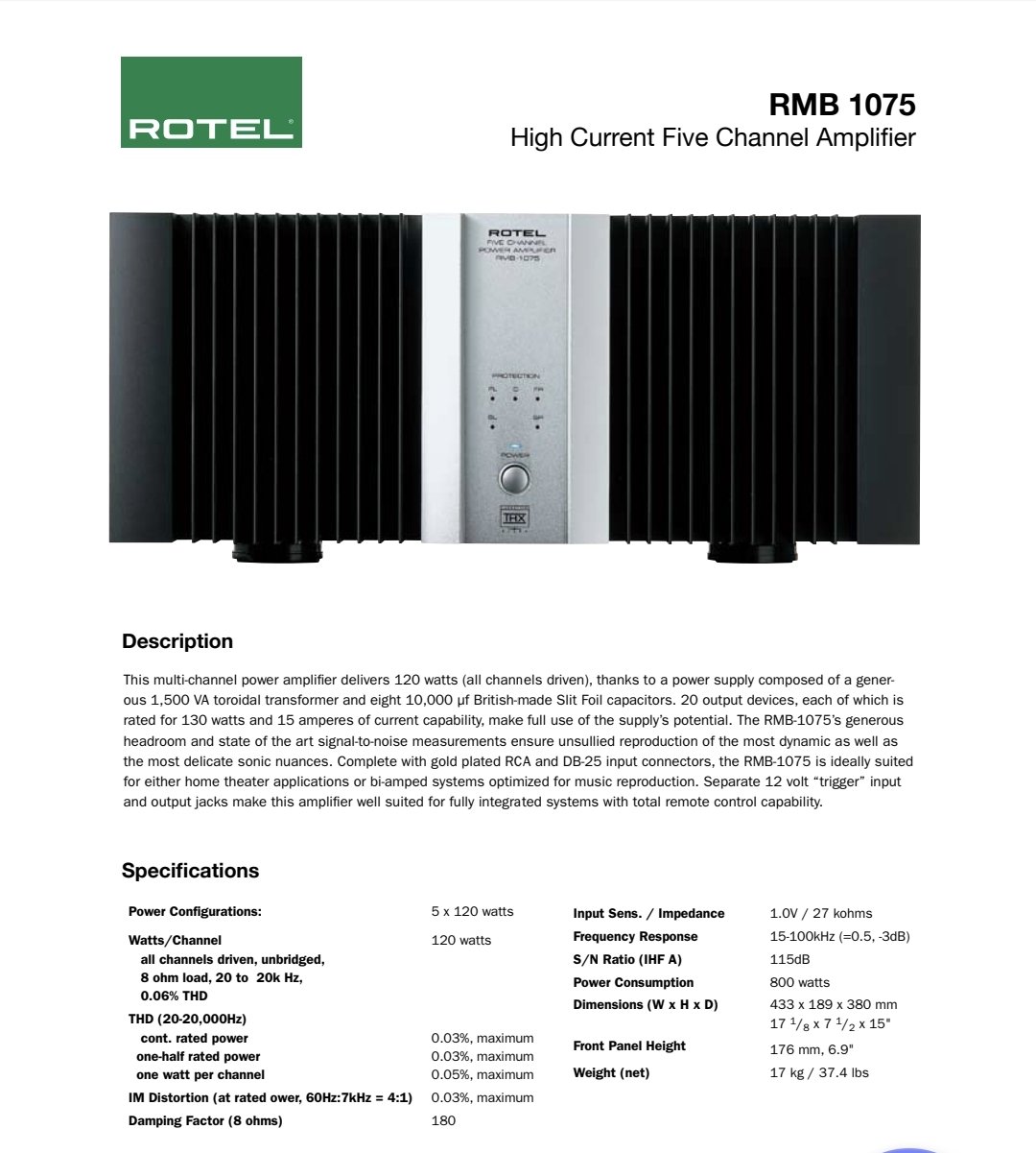 Rotel RMB-1075 5 Channel Amplifier - Multi Channel Amplifiers - StereoNET