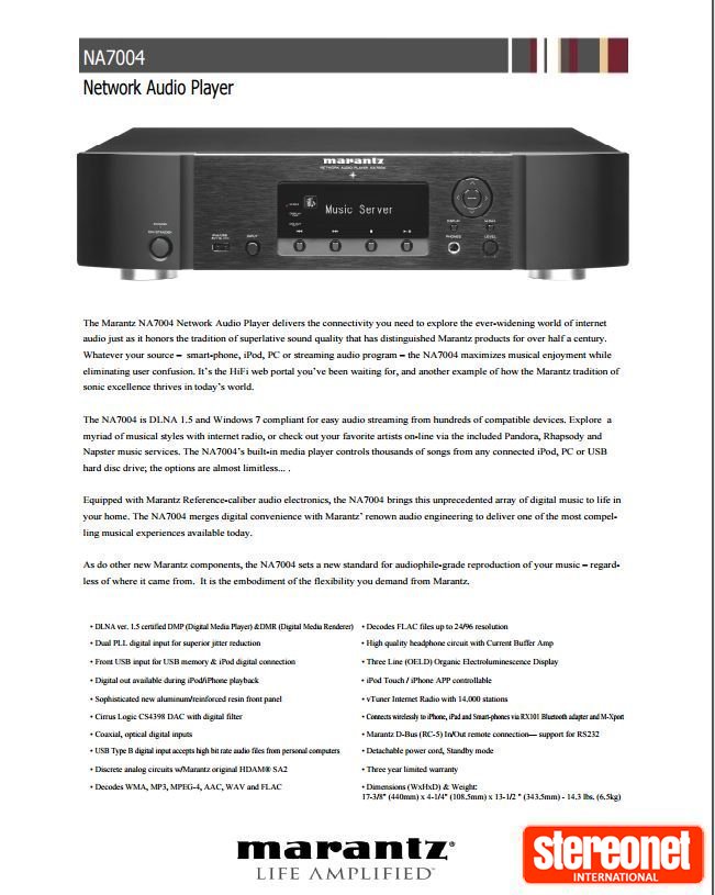 Marantz NA7004 Network Audio Player - DACs and Streamers - StereoNET