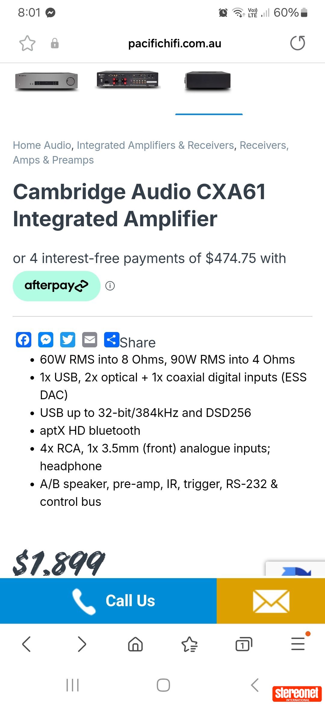 Cambridge Audio CXA61 Integrated Amplifier (Solid State) - Integrated Amplifiers - StereoNET